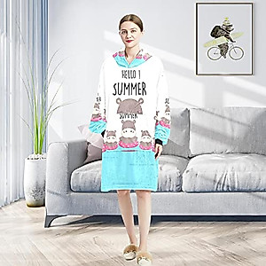 Wearable Blanket Hoodie,Oversized Hooded for Women,Comfy Sweatshirt Hello Summer Cute Hippo-01