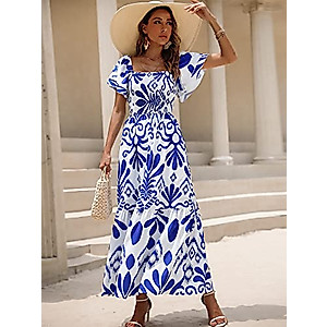 MakeMeChic Women's Floral Print Layered Short Sleeve Square Neck Ruffle High Waist A Line Summer Long Dress Blue and White XL