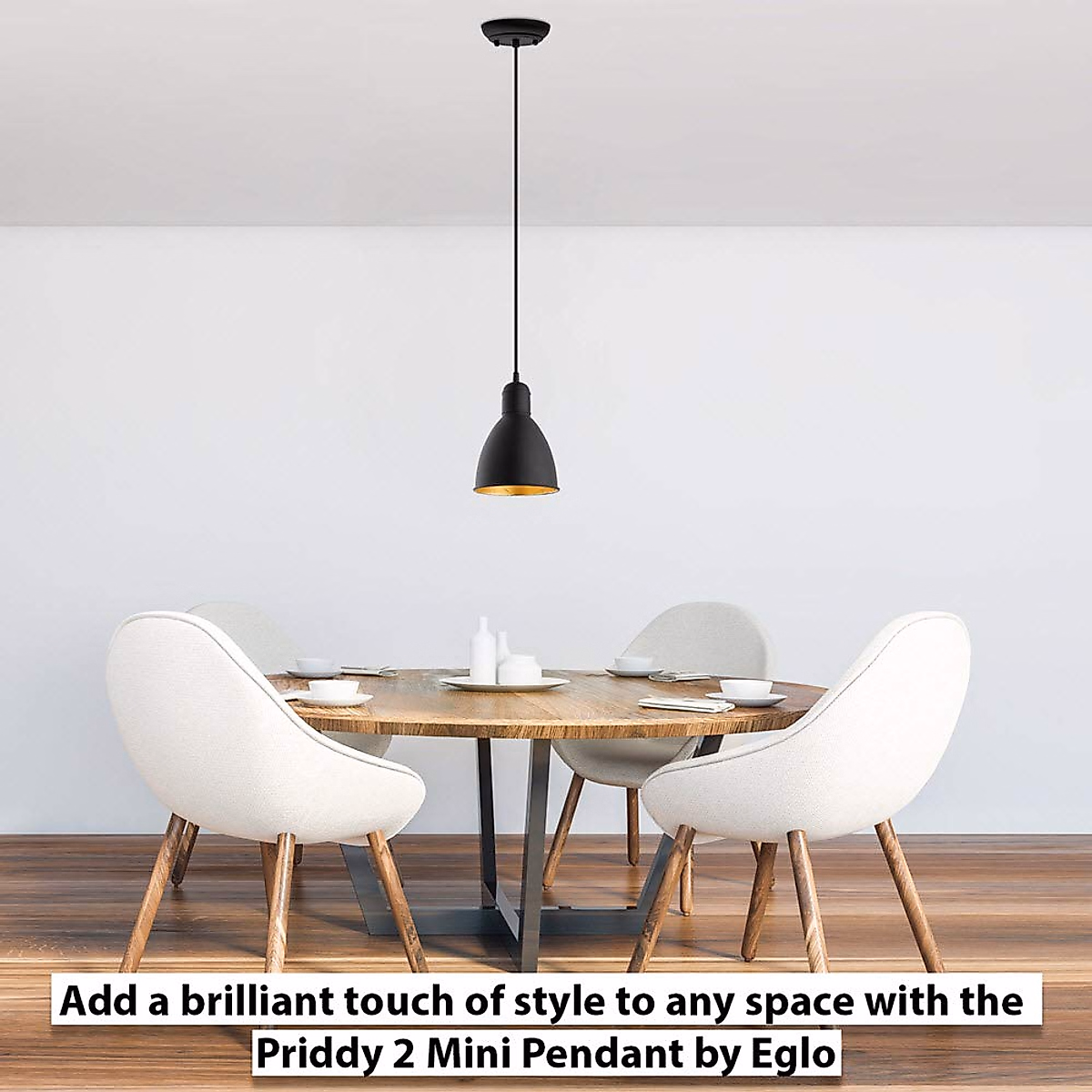 EGLO Priddy 1-Light Mini Pendant Hanging Lighting Fixture with Steel Shade for Kitchen Island, Hallway, and Dining Room, 60W, 82 in, Black and Gold