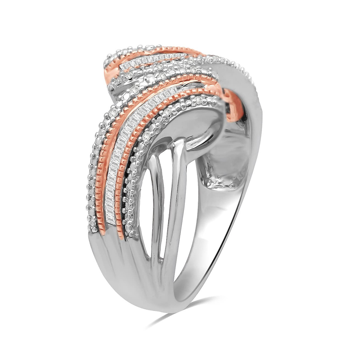 Jewelili 10K Rose Gold and Sterling Silver 1/4 Cttw Natural White Baguette and Round Diamond Bypass Ring, Size 7
