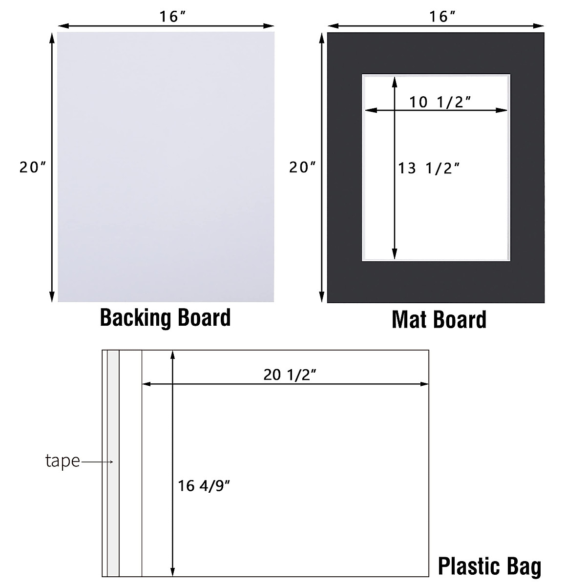 Falling in Art 5 Pack Acid Free 16x20'' Black Picture Mats Board Show Kit for 11x14'' Pictures, 4-Ply Beveled Pre-Cut Photo Boards with Backing Board and Plastic Clear Bags