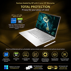 HP Envy 15T x360 2022 i7-1195G7, 16GB RAM, 512 GB NVMe SSD, 15.6" 4K OLED Touch, Windows 11 Pro, Wi-Fi 6, Tilt Pen, Nvidia MX450 2GB GPU, Silver Color, B&O Audio, 64 GB Tech Warehouse Flash Drive
