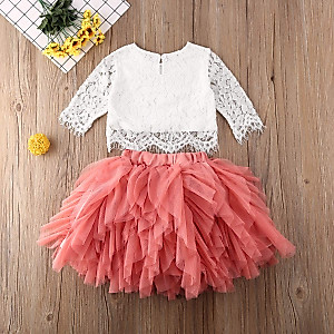 Goelsakurara 2PCS Kids Baby Girl Lace Hollow T-Shirt Tops+Tutu Skirt Toddler Ruffle Layers Dresses Outfits Birthday Party Pink, 3-4T