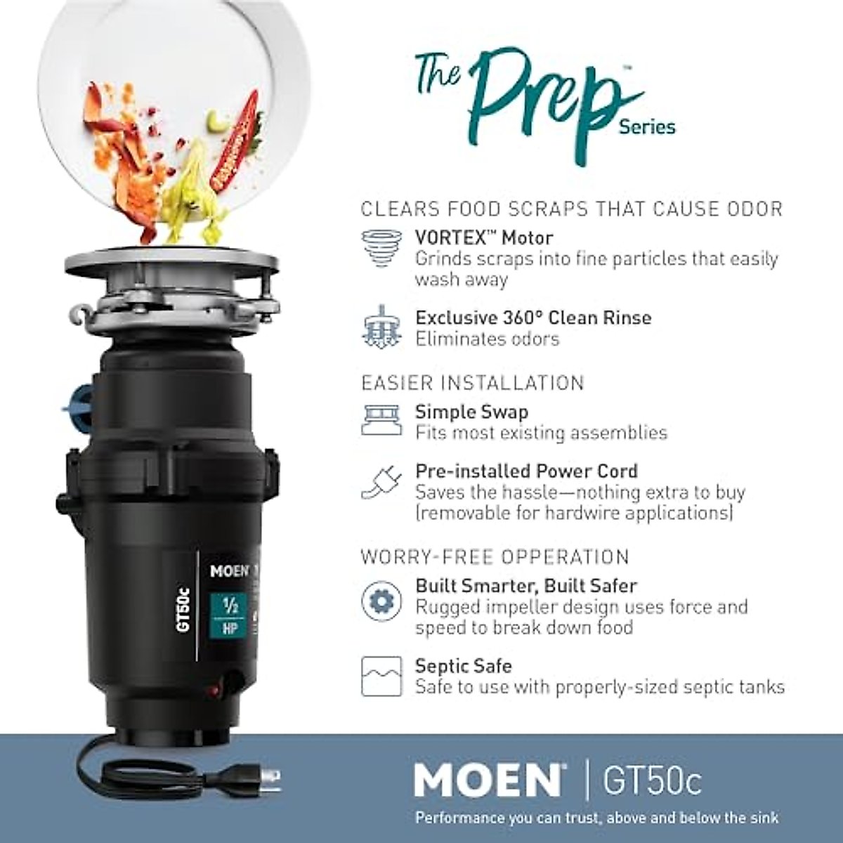 Moen Prep Series Disposer 1/2 Horsepower Continuous Feed Garbage Disposal featuring Fast Track Technology, Power Cord Included, GT50C