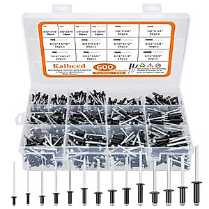 600pcs Pop Rivets Assortment Kit, 14 Sizes Aluminum Rivets 3/32" 1/8" 5/32" 3/16", Assorted Black Rivets with Reinfored Divider and Labeled Case (Black)