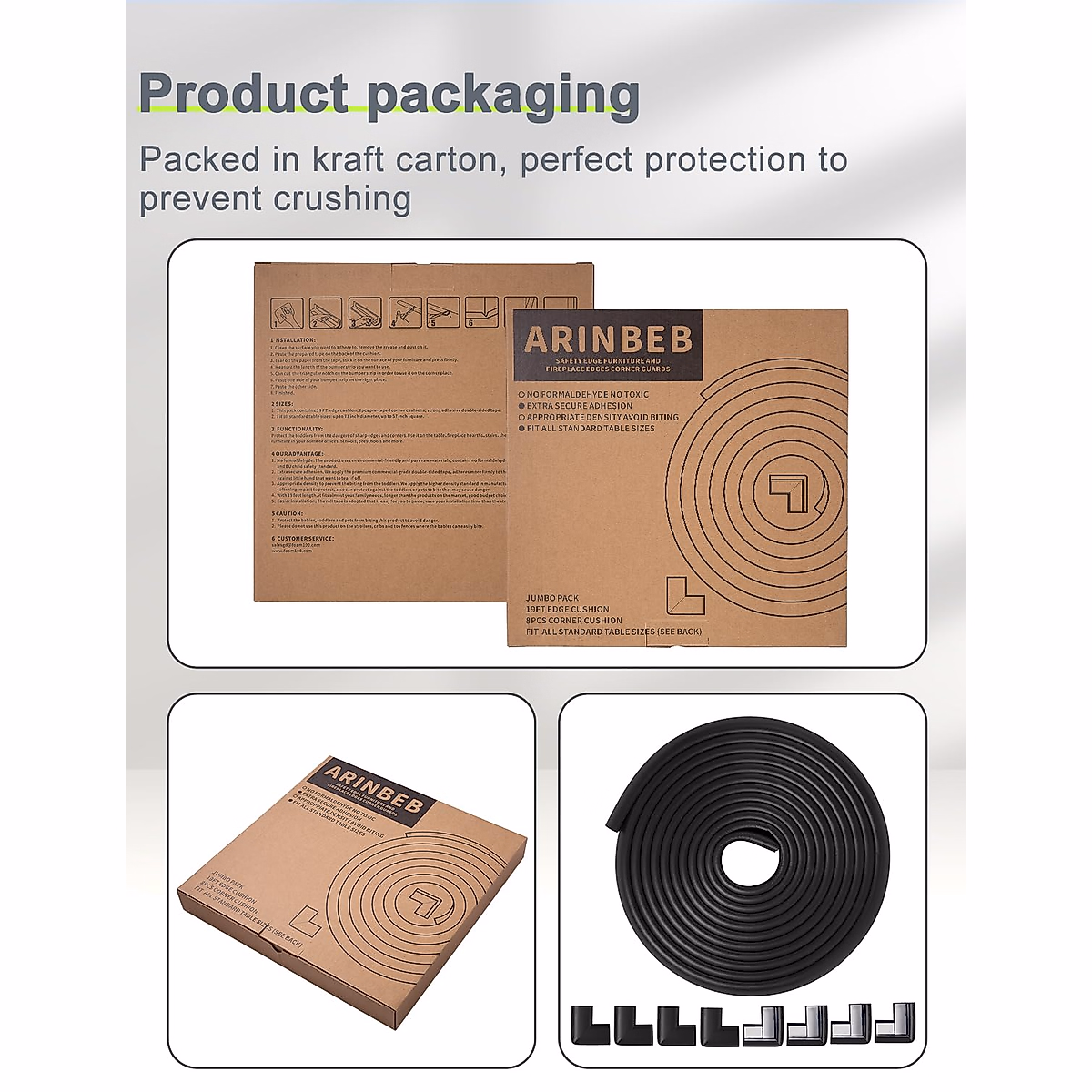 Arinbeb Foam Corner Protector Edge and Corner Guard, with 19 feet Length Foam Safety Bumpers, Baby Proofing Safety Table Corner Protectors Baby Proof Corner Black