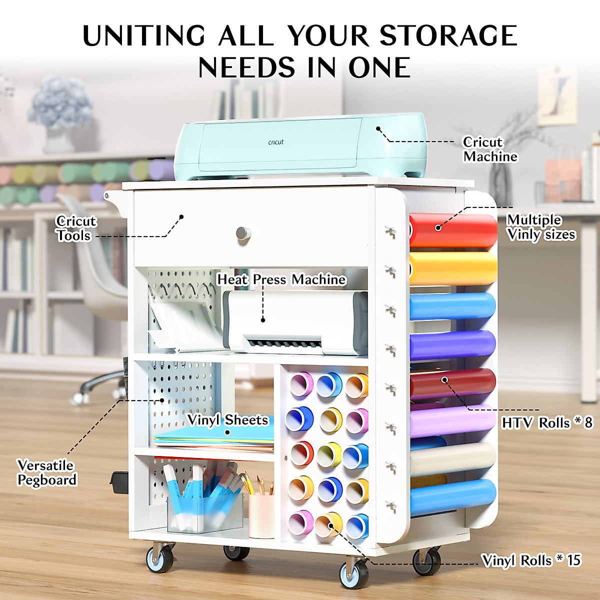 Oransail Rolling Craft Storage, Compatible with Cricut Machines, Craft Cart with Vinyl Roll Holders, Craft Table with Storage, Craft Cabinet Workstation Tool Holder for Craft Room