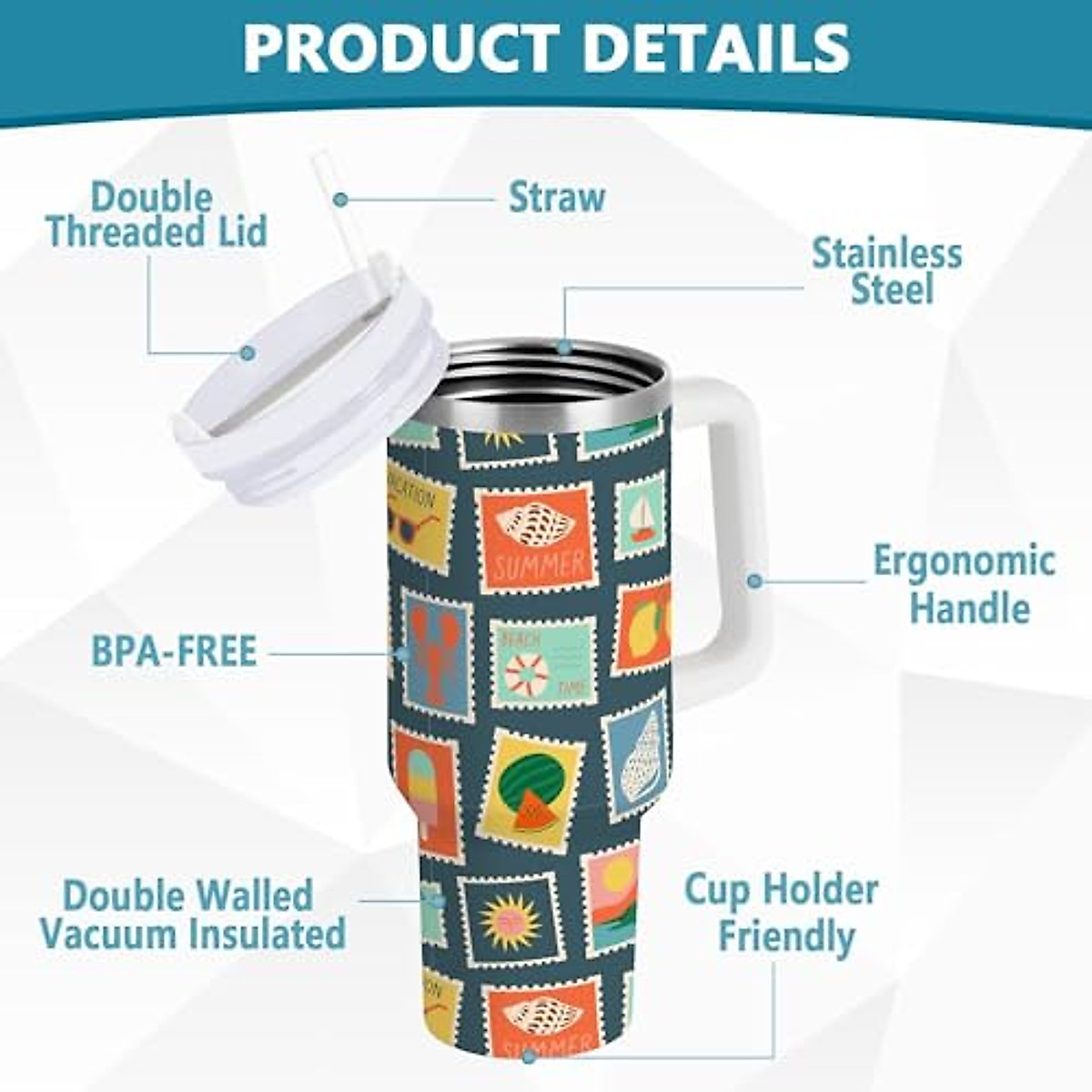 Emelivor Summer Stamps Blue 30 oz Tumbler with Lid and Straw Insulated Tumblers with Handle Leak Proof Coffee Tumbler Mug Large Water Bottles for Hot and Iced Cold Drinks