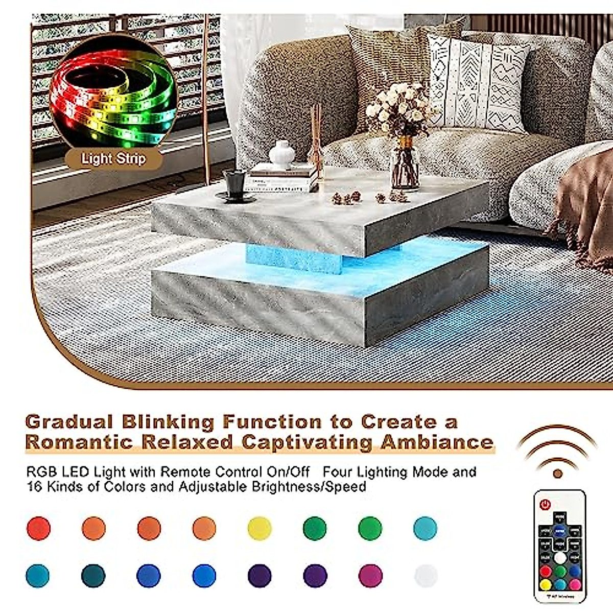 HedoAjim LED Coffee Table for Living Room, Living Room Table 2-Tier Square Middle Center Table, Modern Coffee Tables with Storage, Contemporary Wood Tea Tables for Dining Reception, Grey