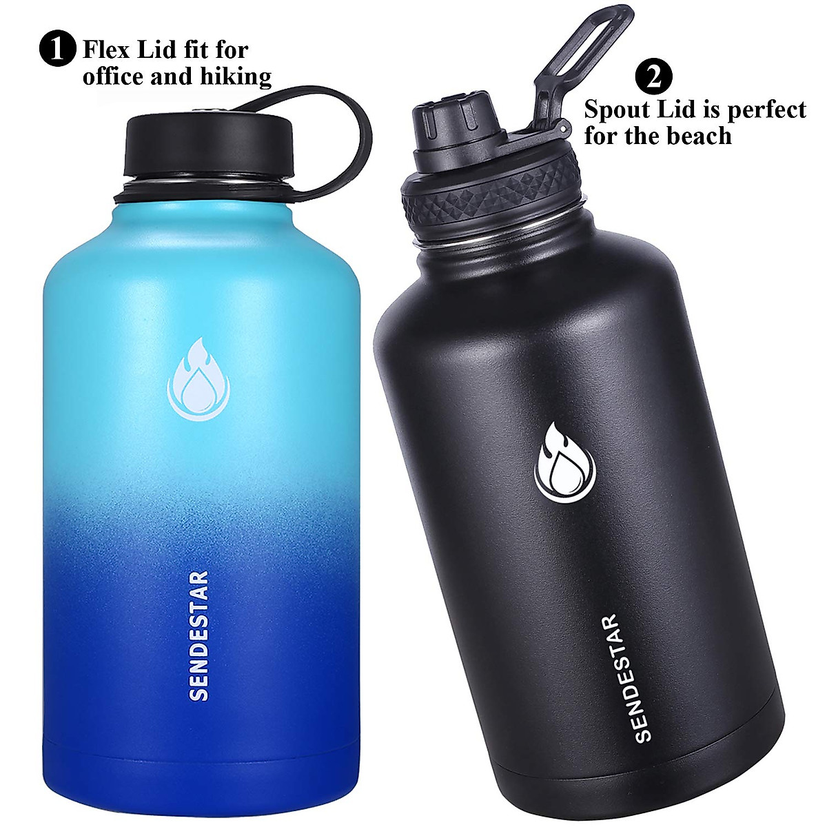 SENDESTAR 64 oz Beer Growler Double Wall Vacuum Insulated Leak Proof Stainless Steel Water Bottle —Wide Mouth with Flat Cap & Spout Lid Includes Water Bottle Pouch (Mint/Cobalt)