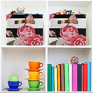 AGONA Large Foldable Storage Bin Peony Roses Black White Stripes Storage Bins Collapsible Decorative Fabric Storage Baskets with Leather Handles for Home Closet Bedroom Organizer Nursery 1 Pack