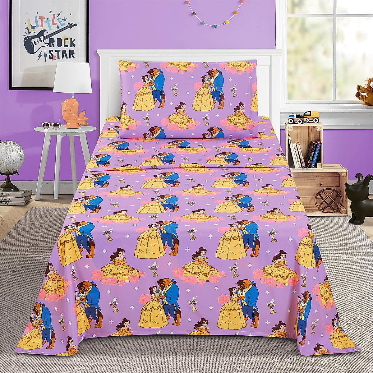 Beauty and The Beast Bedding Twin Bed Set for Girls - Bundle with Belle Bed Sheets with Flat Sheet, Fitted Sheet, Pillowcase, Quilted Bedspread Plus Stickers, More | Beauty and The Beast Sheets Twin