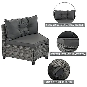 Merax 8-pieces Outdoor Wicker Round Sectional Curved Sofa Set with Rectangular Coffee Table, PE Rattan Water-resistant and UV Protected, Movable Cushion, Half-Moon Style, Grey