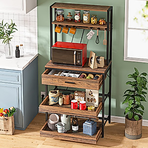 Tribesigns Kitchen Bakers Rack with Power Outlets, 5-Tier Microwave Oven Stand with Drawer and Sliding Shelves, Freestanding Coffee Bar, Kitchen Storage Shelf with 6 Hooks, Rustic Brown