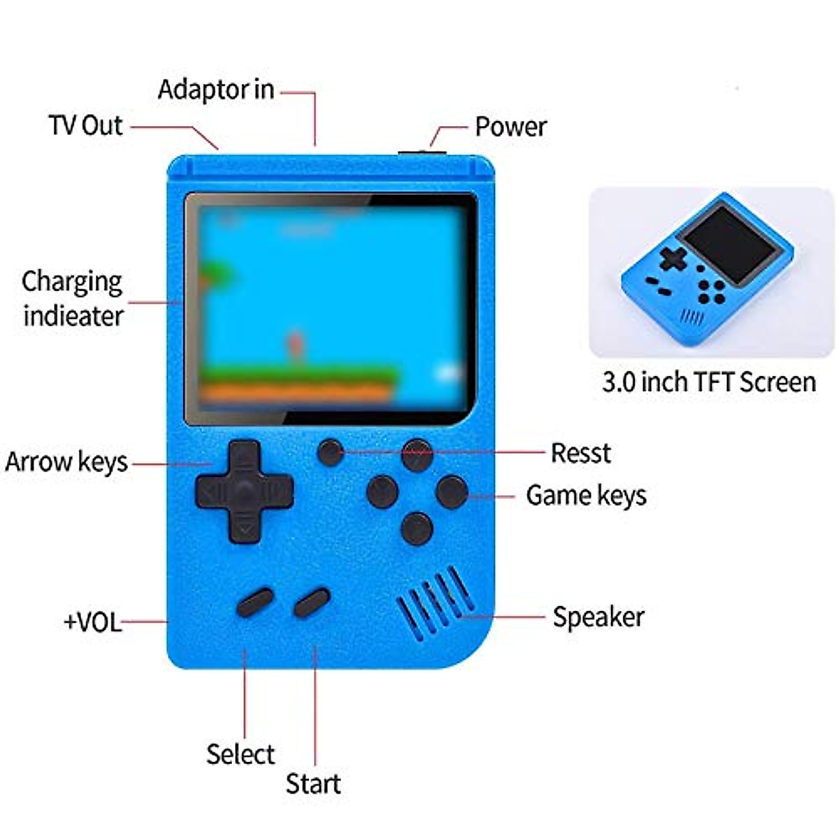 Handheld Games Console for Kids Adults Retro FC Video Games Consoles 3 inch Screen 400 Classic Games Player with AV Cable Can Play on TV (Blue)