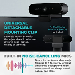 Logitech Brio 4K HD Webcam [Latest Version] with Microphone for Desktop with Tripod & Universal Mount -Logitech Webcam USB Computer Camera -Ultra Pro Wide Angle Webcam Streaming Equipment for Meetings