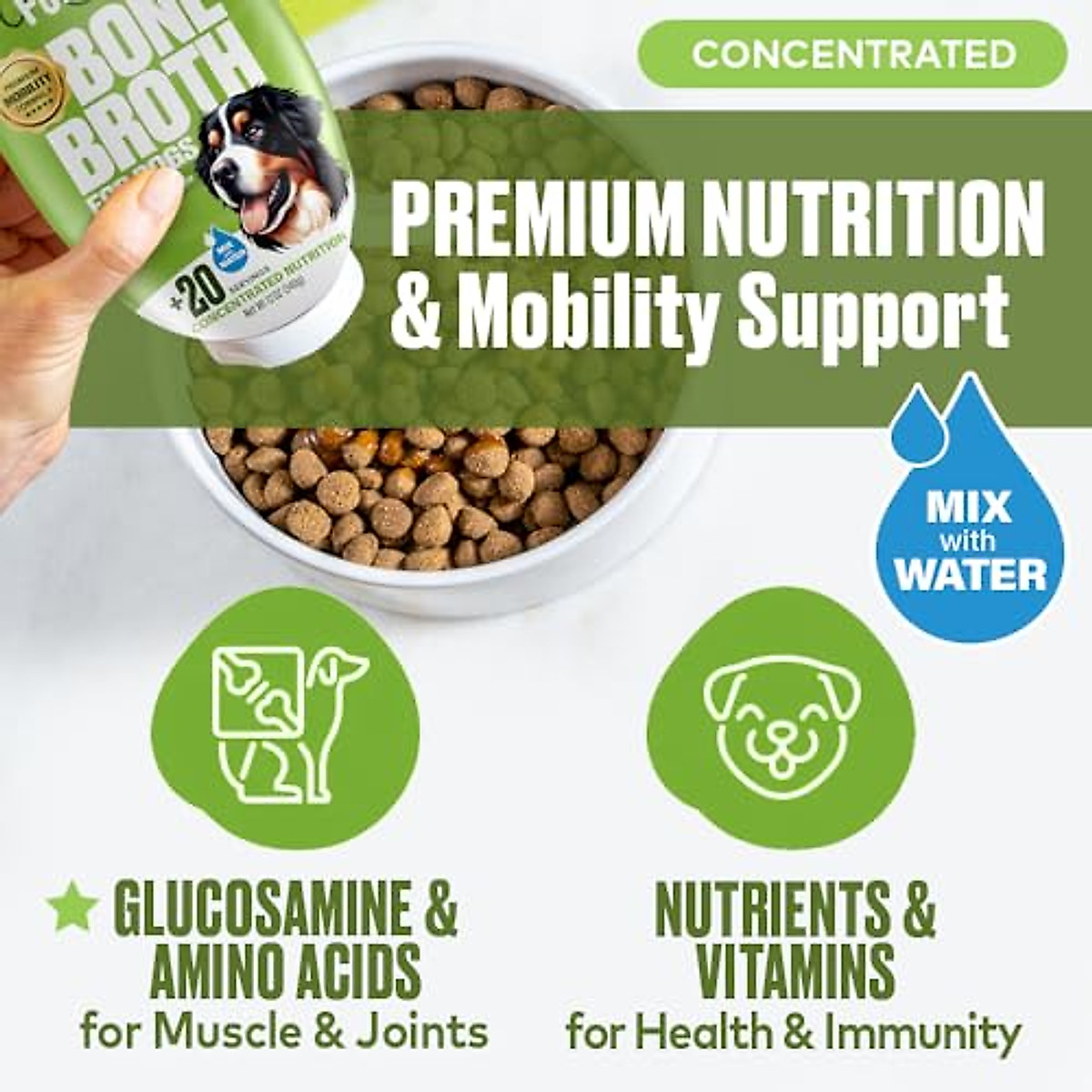 Furvor Mobility Support Beef Bone Broth for Dogs | Hip & Joint Support for Dogs | Glucosamine & Amino Acid Boosted | Human Grade Ingredients | Just add Water | Made in USA, 12 oz