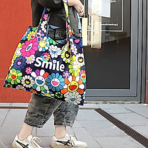FORZEN Reusable Bags Cute Fashion Shopping Bags Large Grocery Bags with Pouch for Women Girl Heavy Duty Lightweight Washable Foldable Durable Smile Flower(1PC)