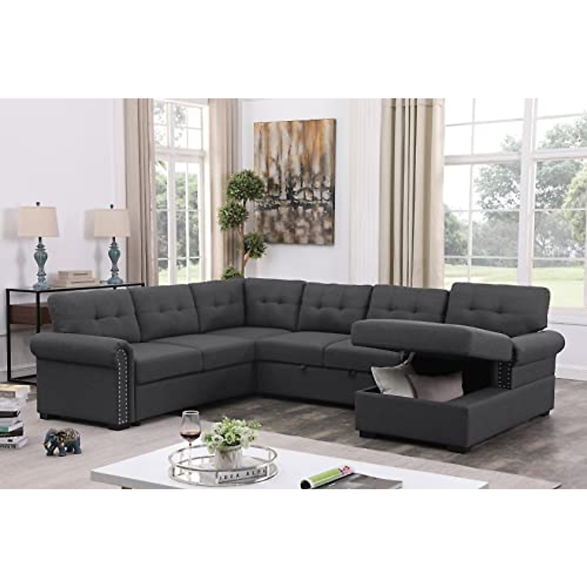 Springfavor 6 Seat Pull Out Couch Sectional Couches for Living Room with Storage Chaise Lounge, U-Shaped Modern Sofas & Couches with Nail for Department/Home/Office