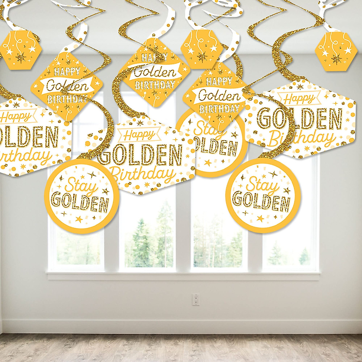 Big Dot of Happiness Golden Birthday - Happy Birthday Party Hanging Decor - Party Decoration Swirls - Set of 40