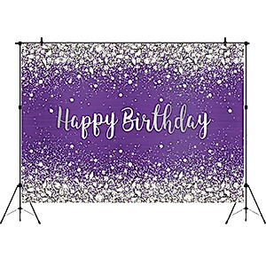 Aperturee 7x5ft Glitter Purple Diamonds Happy Birthday Backdrop Shinning Silver Bokeh Dots Women Girls Photography Background Sweet 16 Party Decorations Cake Table Banner Supplies Photo Booth Studio