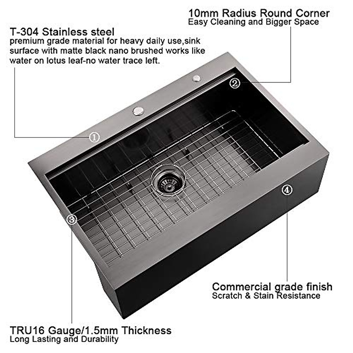 33 Inch Farmhouse Drop In Kitchen Sink Workstation Black- 33X22 inch Black Stainless Steel Drop In Apron Front Farmhouse Sink Workstation Kitchen Sink Single Bowl 16 Gauge Stainless Steel Farm Sink