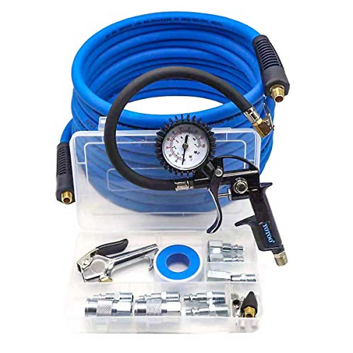 YOTOO Air Compressor Accessories Kit, Heavy Duty 20-Piece 1/4" NPT Air Accessory Tool Kit, 25 ft Hybrid Air Compressor Hose Kit with 100 PSI Tire Inflator Gauge, Blow Gun and Air Hose Fittings