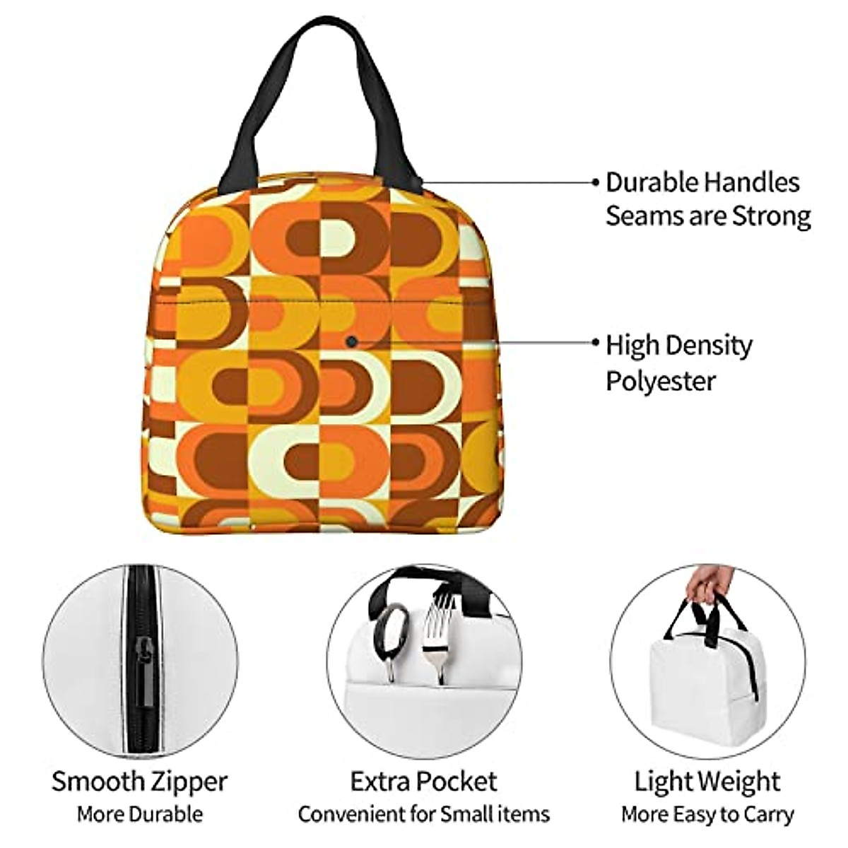 70s Pattern Retro Inustrial In Orange And Brown Tones Reusable Insulated Lunch Bag For Women Men Waterproof Tote Lunch Box Thermal Cooler Lunch Tote Bag For Work Office Travel Picnic