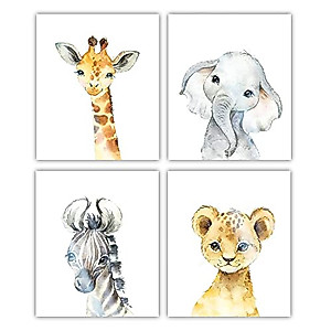 Designs by Maria Inc. Set of 4 Watercolor UNFRAMED Baby Animals Prints | Jungle Theme Nursery Decor | Baby Animal Pictures For Nursery | Zoo Animal Pictures | Nursery Paintings For Boy & Girl (11x17)