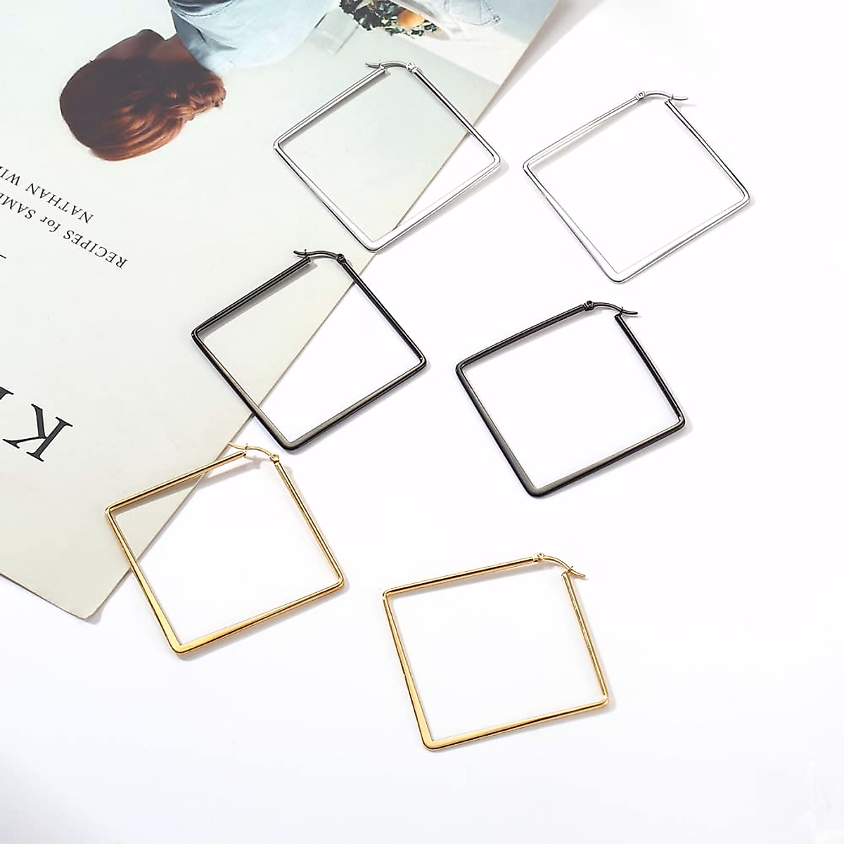 3 Pairs Big Square Hoop Earrings for Women, Geometric Symmetrical Flat Stainless Steel Plated in Gold-Silver-Black, 70mm