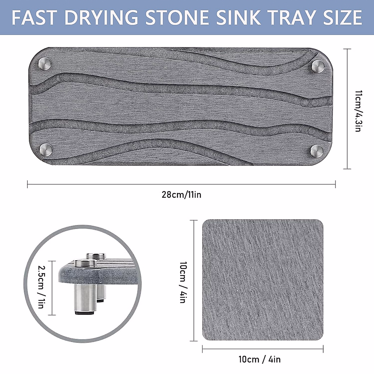 OceanTeda Fast Drying Stone Sink Caddy, Dark Grey, Square, Diatomite, 11 x 4 x 1 in