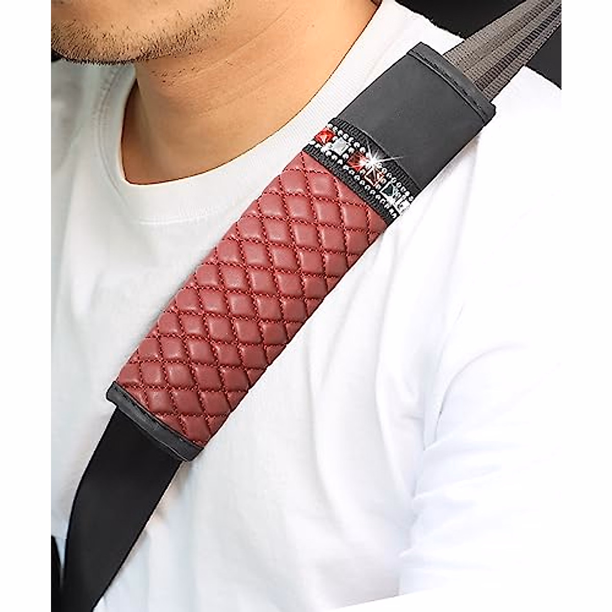 AOCISKA 2Pcs Car Seat Belt Cover Pads,Auto Seat Belt Cover,Seatbelt Shoulder Seatbelt Pads Cover for a More Comfortable Driving,Sparkling Rhinestone Shoulder Strap (Wine Red)