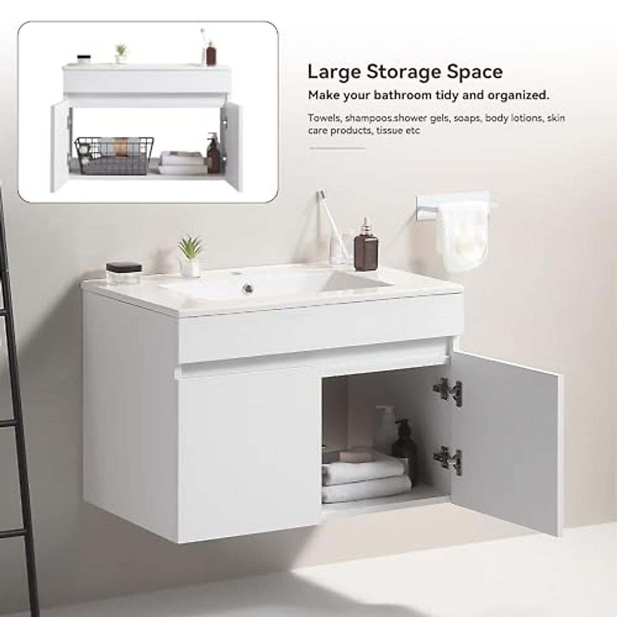 QuixotYDDZ 36 Inch Bathroom Vanity, Modern Freestanding Bathroom Vanity Cabinet with Ceramic Vessel Sink, Rubber Wood Bathroom Storage Cabinet with Top Basin and Metal Legs, White(No Faucets)