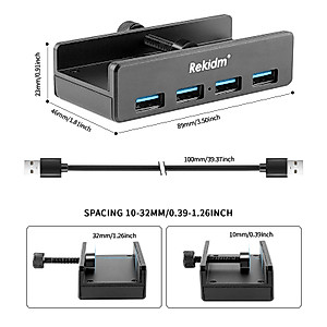 USB Hub 3.0 - Rekidm 4 Port Aluminum USB 3.0 Hub Clamp Design for Desktop, Computer, PC, Table Edge with Durable Adjustable Clip, Compact Space-Saving Mountable Desk USB Hub Fast Speed Transfer