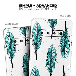 DesignSkinz Splattered Teal Watercolor Feathers Protective Vinyl Decal Wrap Skin Cover Compatible with The Samsung Galaxy S20 (Screen Trim & Back Glass Skin)