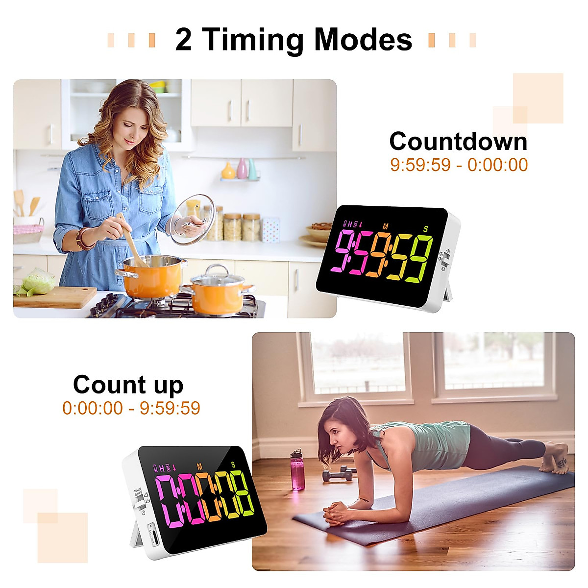 PERSUPER Kitchen Timer for Cooking, 10 RGB Color Changing Digital Magnetic Timer, Countdown/Up, Rechargeabilit, 3 Brightness Display, 3 Volume Levels and Vibration Mode, for Classroom, Study, Fitness