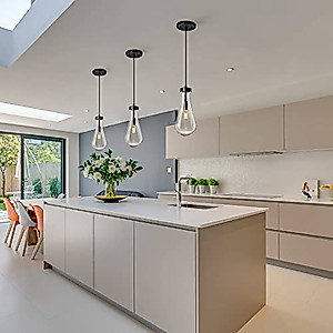 LIANGMH Raindrop Pendant Lights Kitchen Island Set of 3 Teardrop Black Hanging Light Fixtures Clear Solid Glass Pendant Light Modern Chandeliers for Dining Room Porch Corridor Living Room