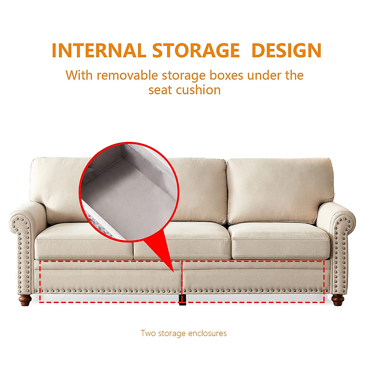 Dolonm Mid Century Modern Sofa 82" Upholstered Couch with Storage 3 Seater Sofas for Living Room, Apartment, Beige