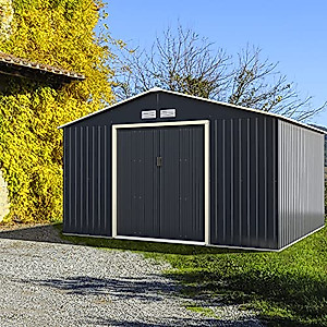 Goplus Storage Shed, Metal 11’ X 10’ Outdoor Building Organizer with 4 Vents & Double Sliding Door for Garden Backyard Farm (11'X10')