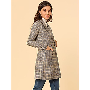 Allegra K Women's Double Breasted Notched Lapel Plaid Trench Blazer Coat Medium Brown