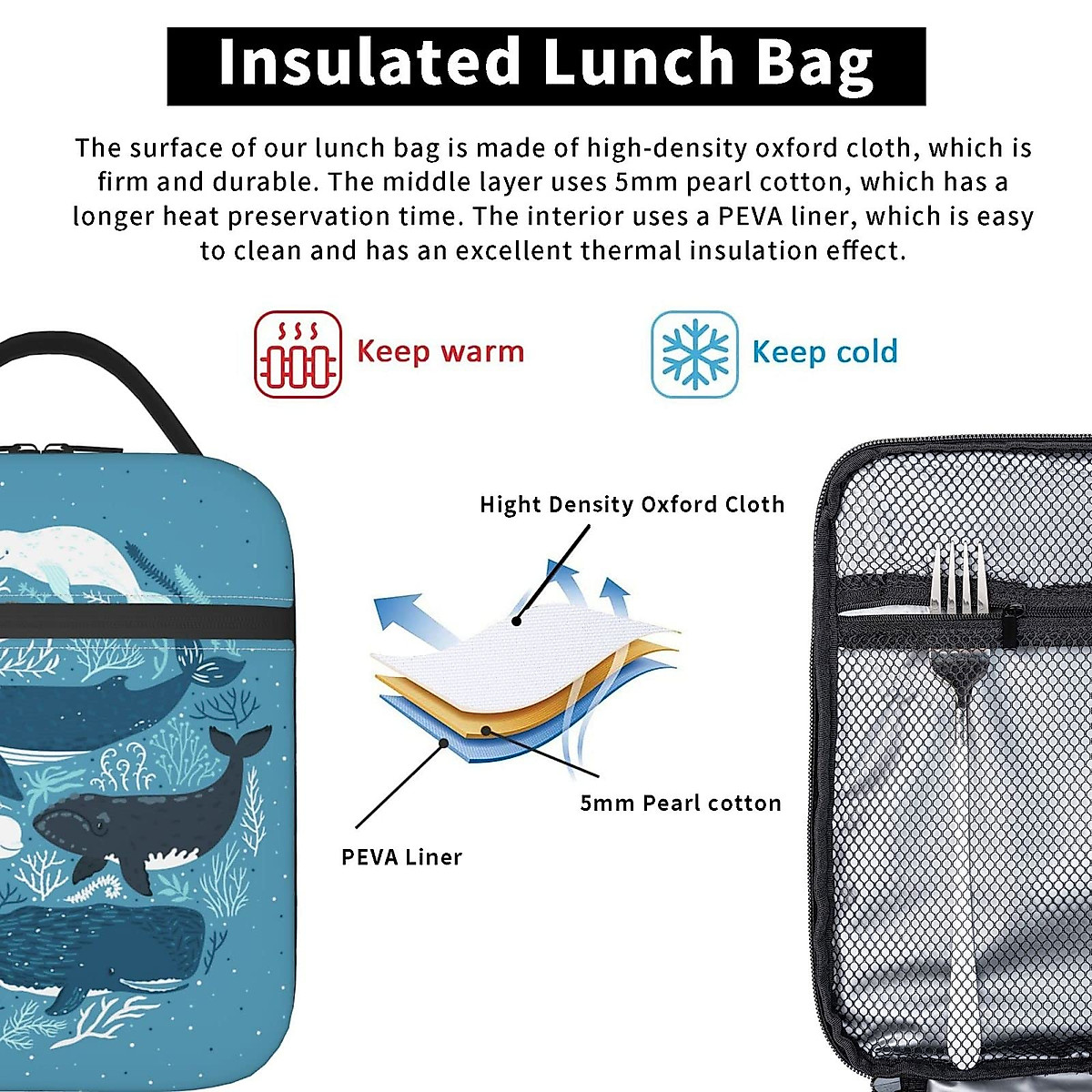 Echoserein Ocean Whale Sea Animals Lunch Bag Insulated Lunch Box Reusable Lunchbox Waterproof Portable Lunch Tote For Men Boys