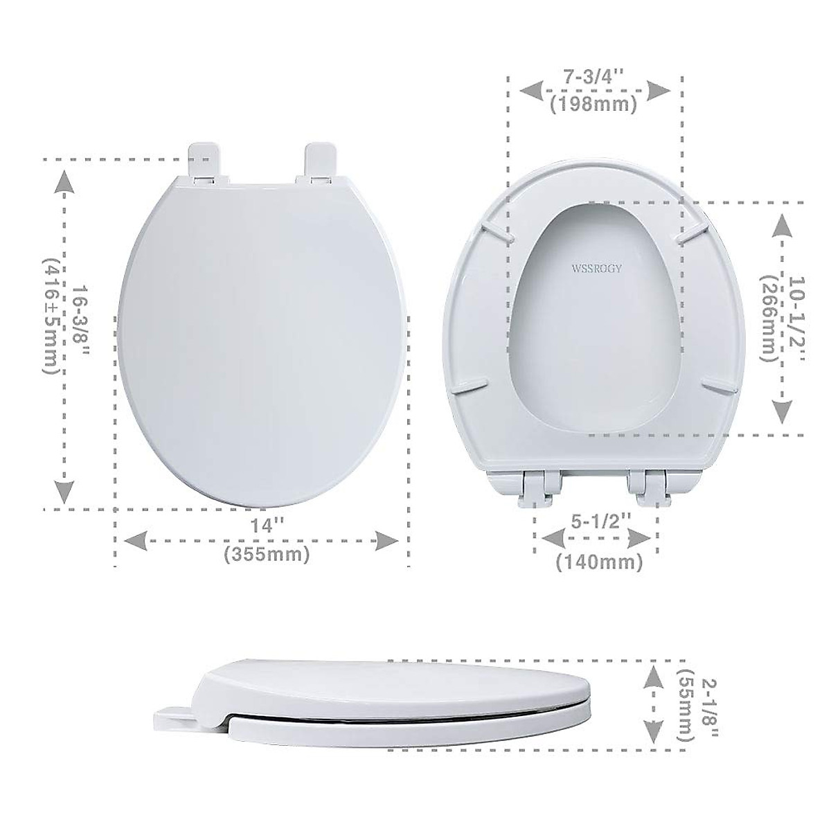 WSSROGY Elongated Toilet Seat with Lid, Quiet Close, Fits Standard Elongated or Oblong Toilets, Slow Close Seat and Cover, Oval, White