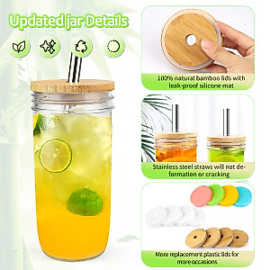 [ 4 Pack ] Glass Cups Set - 24oz Mason Jar with Straw Reusable Wide Mouth Bubble Smoothie Bobo Iced Coffee Cup w 12 Airtight Lids Brush,Tumbler Drinking Bottle for Pearl Tea, Juice