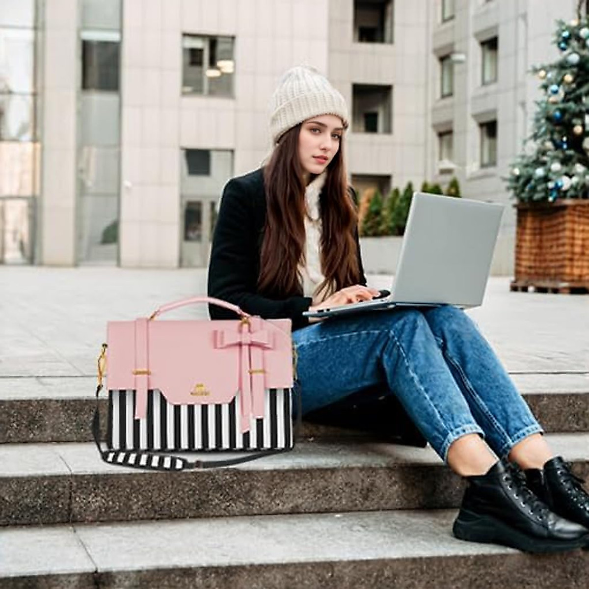 Laptop Bag for Women, 15.6 inch Slim Computer Briefcase Sleeve Case, Lightweight Cute Girly Messenger Shoulder Carrying Work Bag with Rfid Pocket, Sister Gifts for Women Office Travel School, Pink