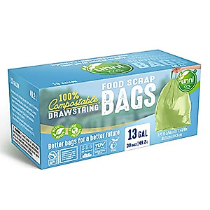UNNI 100% Compostable Drawstring Bags, 13 Gallon, 49.2 Liter, 30 Count, Heavy Duty 1 Mils, Tall Kitchen Food Scrap Waste Bags, ASTM D6400, EN 13432, US BPI & OK Compost Home Certified, San Francisco