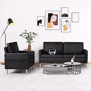 AILEEKISS Mid-Century Sectional Sofa Sets 2 Pieces Faux Leather Loveseat Couches with 2 USB Living Room Furniture Accent Arm Chairs for Small Space, Apartment, Office (Black, 1-Seater+3-Seater)