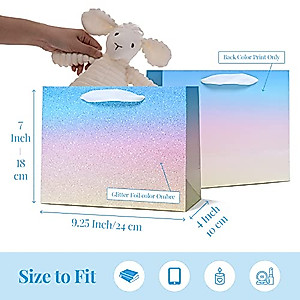 PAPER FAIR 12Pcs Ombre Blue Cream Gift Bags Bulk w/ 24 Tissue Paper, 9 x 7 In, Gradient Pastel Glitter Paper Gift Wrap Bag, Recyclable Gift Packaging for Christmas Birthday Father's Day Baby Shower Party Favor Décor