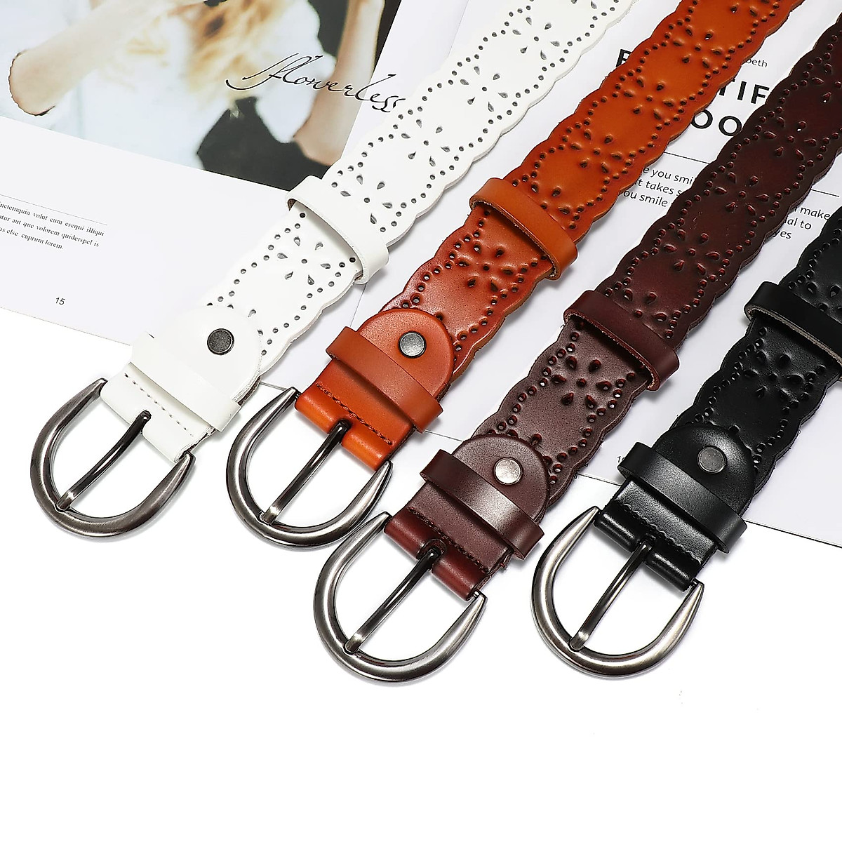 XZQTIVE Women Plus Size Leather Belt for Jeans Dresses Pants Hollow Flower Waist Belts with Solid Pin Buckle