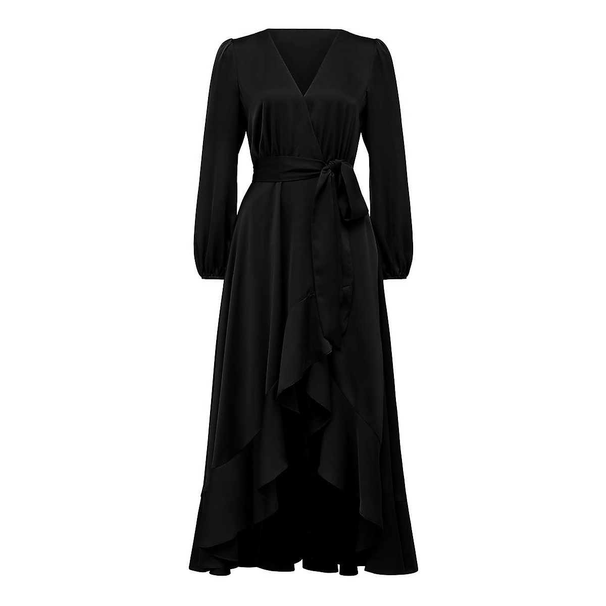 PRETTYGARDEN Women's Satin Fall Dress Semi Formal Satin Long Sleeve Wrap V Neck Ruffle Belted A-Line Flowy Maxi Dresses (Black,Small)