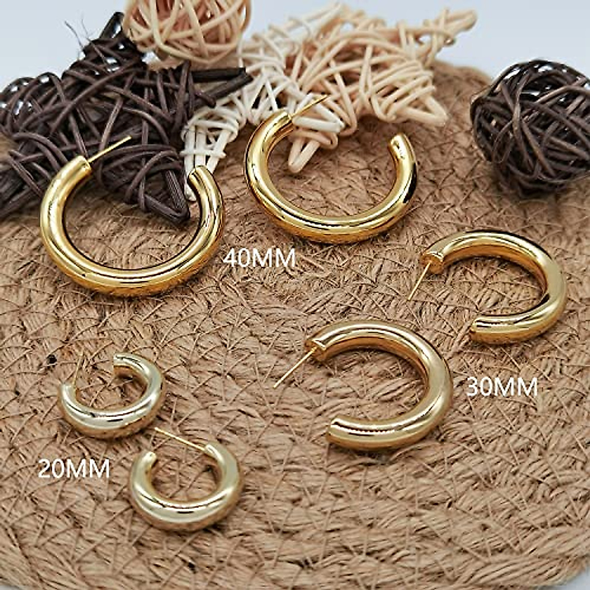 Wlane Small Thick Gold Hoop Earrings for Women, Chunky Gold Hoops 20mm(8 inch)